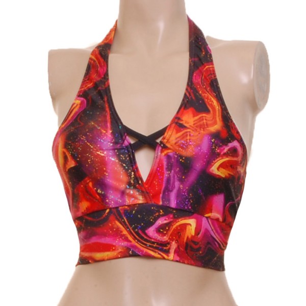 Multi Print Halter Top Overlaid With A Hologram Foil